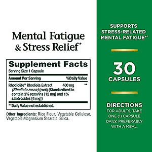 Nature's Bounty Mental Fatigue and Stress Relief, Rhodiola Supplement, 400 mg, Capsules, 30 Ct