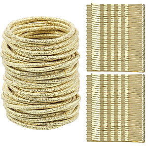 TecUnite 50 3mm Gold Hair Elastic Ties No-metal Small Rubber Bands Thin Hair Ties Ropes Ponytail Holders with 50 Hair Bobby Pins, Hair Accessories for Women (Gold)