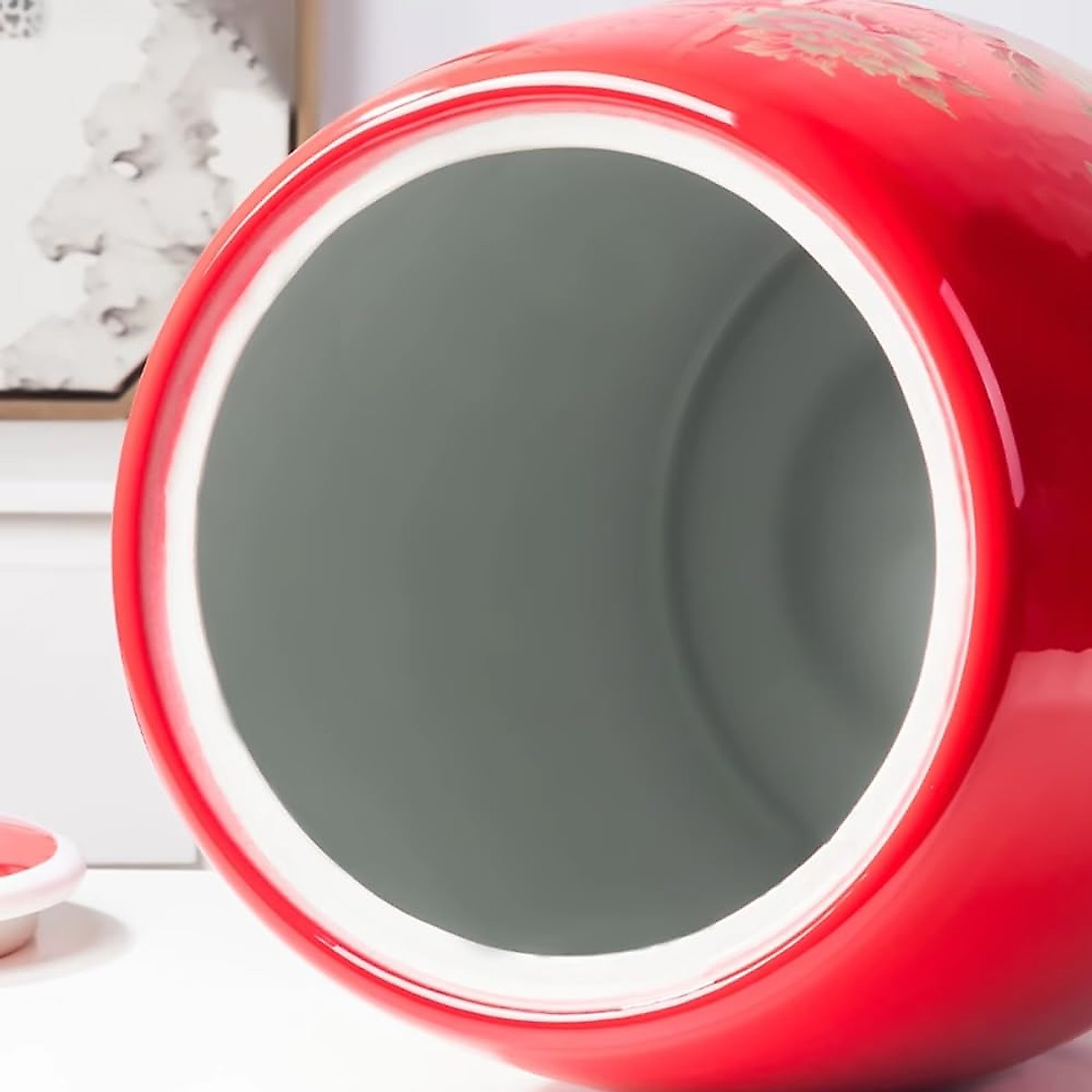 Ceramic Food Storage Jar Rice Storage Container Grain Storage Bin Ceramic Rice Bucket Rice Storage Box Sealed Rice Bin Cereal Rice Container for Kitchen(Red,15KG)