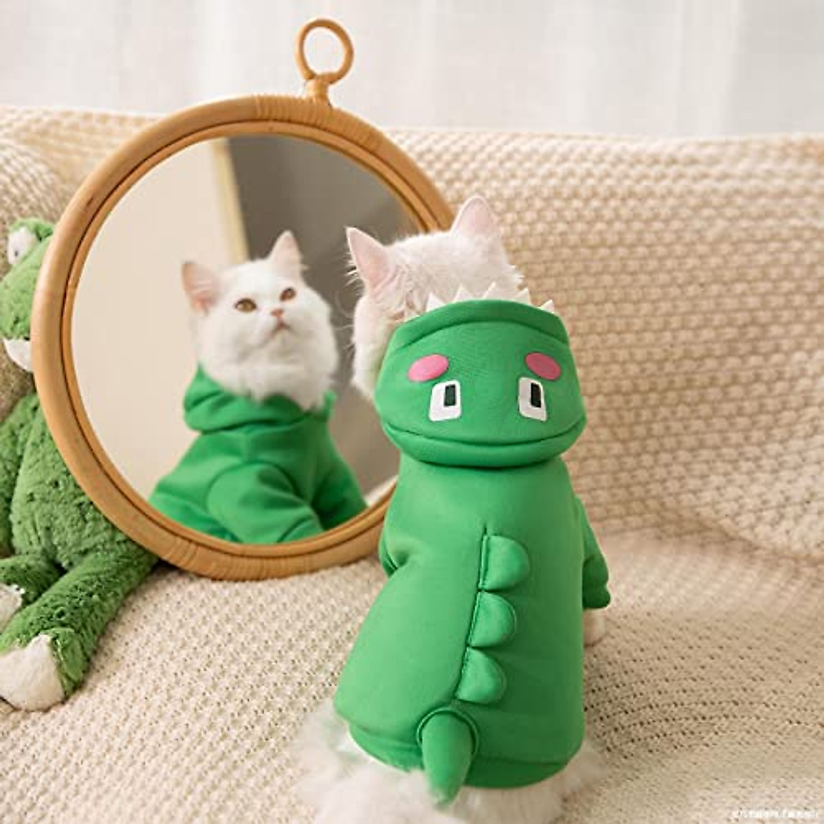Petvins Small Dog & Cat Winter Clothes Green Dinosaur Pet Soft Hoodies Cute Cold Weather Costume for Kitten and Puppy