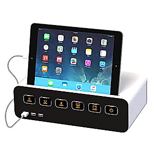 Kantek Cable Management Power HUB and Stand with USB Charging Ports, 5 OUTLETS, 3 USB, 6.5 FT Cord, White