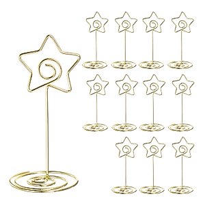 HARFINGTON 12pcs Table Number Holders 3.35 Inch 85mm Tall Star Shape Steel Photo Holders for Centerpieces Table Place Card Holders for Wedding Reception Party Office Home, Gold Tone