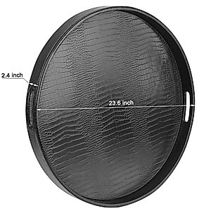 HofferRuffer Extra Large Round Serving Tray, Elegant Faux Leather Circle Ottoman Table Tray with Handles, Serve Tea, Coffee or Breakfast in Bed, Diameter 23.6 x 2.4 inches Height (Black)