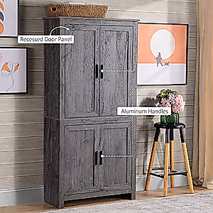 HOMCOM 64" 4-Door Kitchen Pantry, Freestanding Storage Cabinet with 3 Adjustable Shelves for Kitchen, Dining or Living Room, Grey