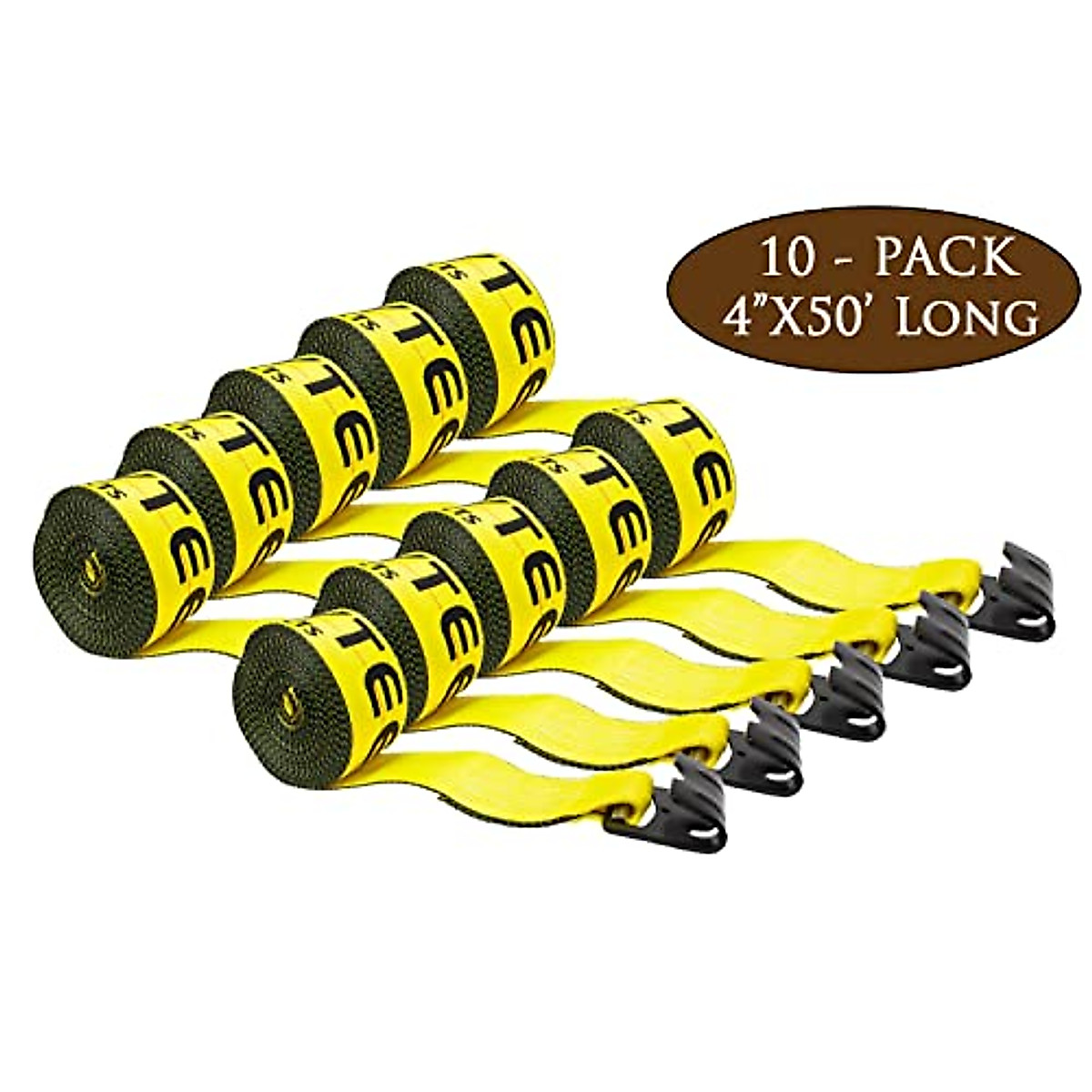 Mytee Products Truck Winch Straps 4" x 50' Yellow Heavy Duty Tie Down with Flat Hooks WLL# 5400 lbs | 4 Inch Cargo Control for Flatbed Truck Utility Trailer (10 Pack)