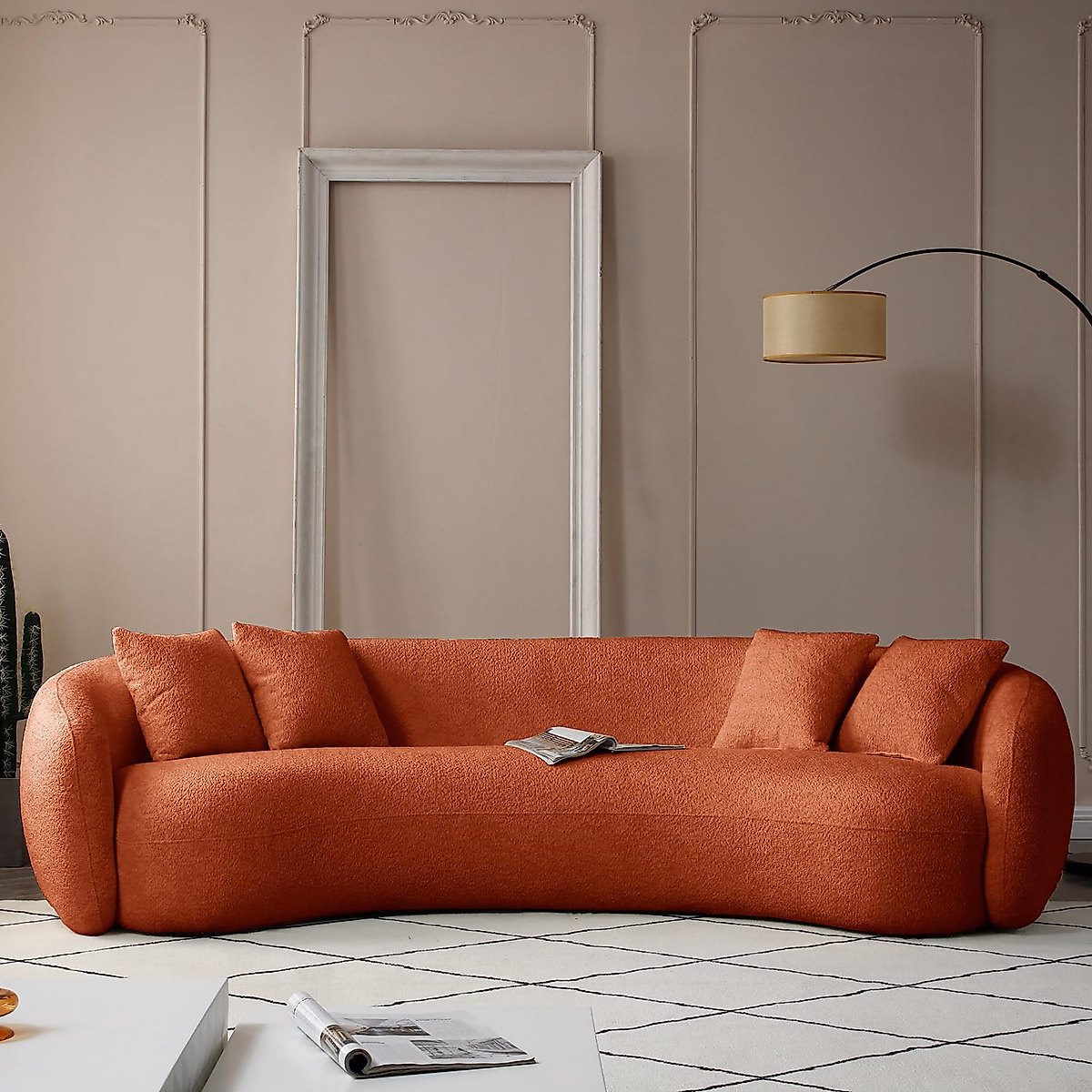 VASOENY 101.4 X 48.8 Boucle Curved Sofa, Mid Century Modern Moon Living Room Sofa 5 Seat Teddy Fleece Leisure Couch with 4 Throw Pillows, for Living Room, Office