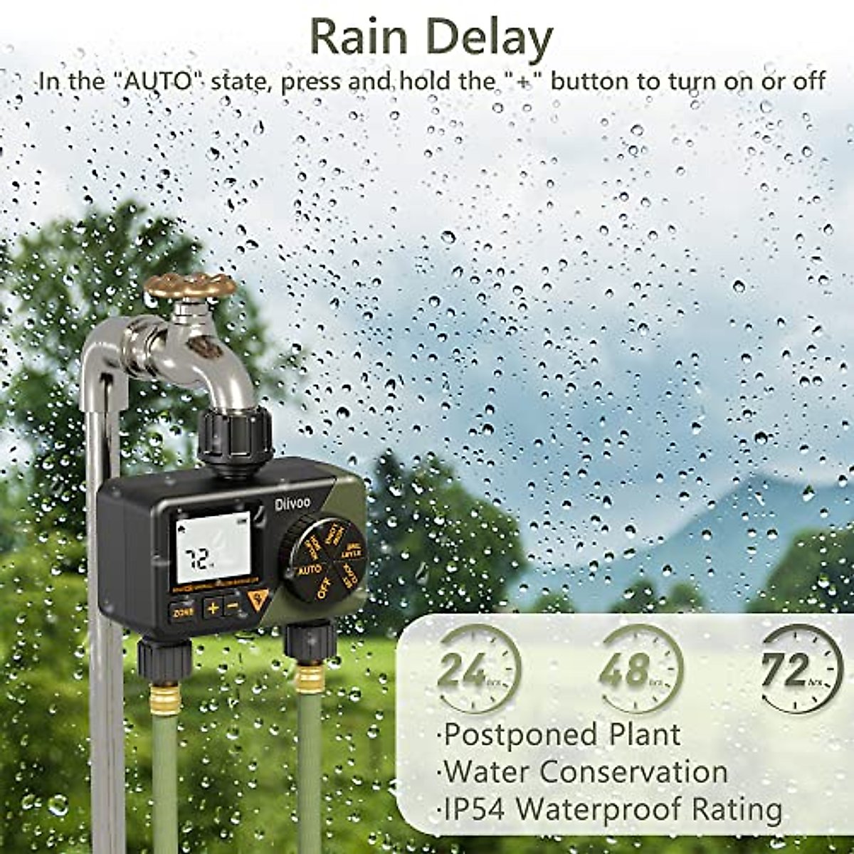 Sprinkler Timer 2 Zone, Diivoo Programmable Water Hose Timer 2 Outlet for Garden, Automatic Irrigation Timer IP54 with Rain Delay/Manual/Auto Mode, Outdoor Hose Timer Controller for Lawn, Yard, Pool