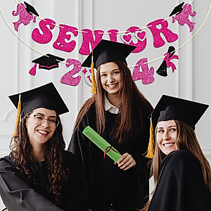 Senior 2024 Banner, Pre-strung Graduation Banner for Girls, 2024 Congrats Grad Party Decorations, Music High School College Graduation Bunting Sign, Pink Glitter