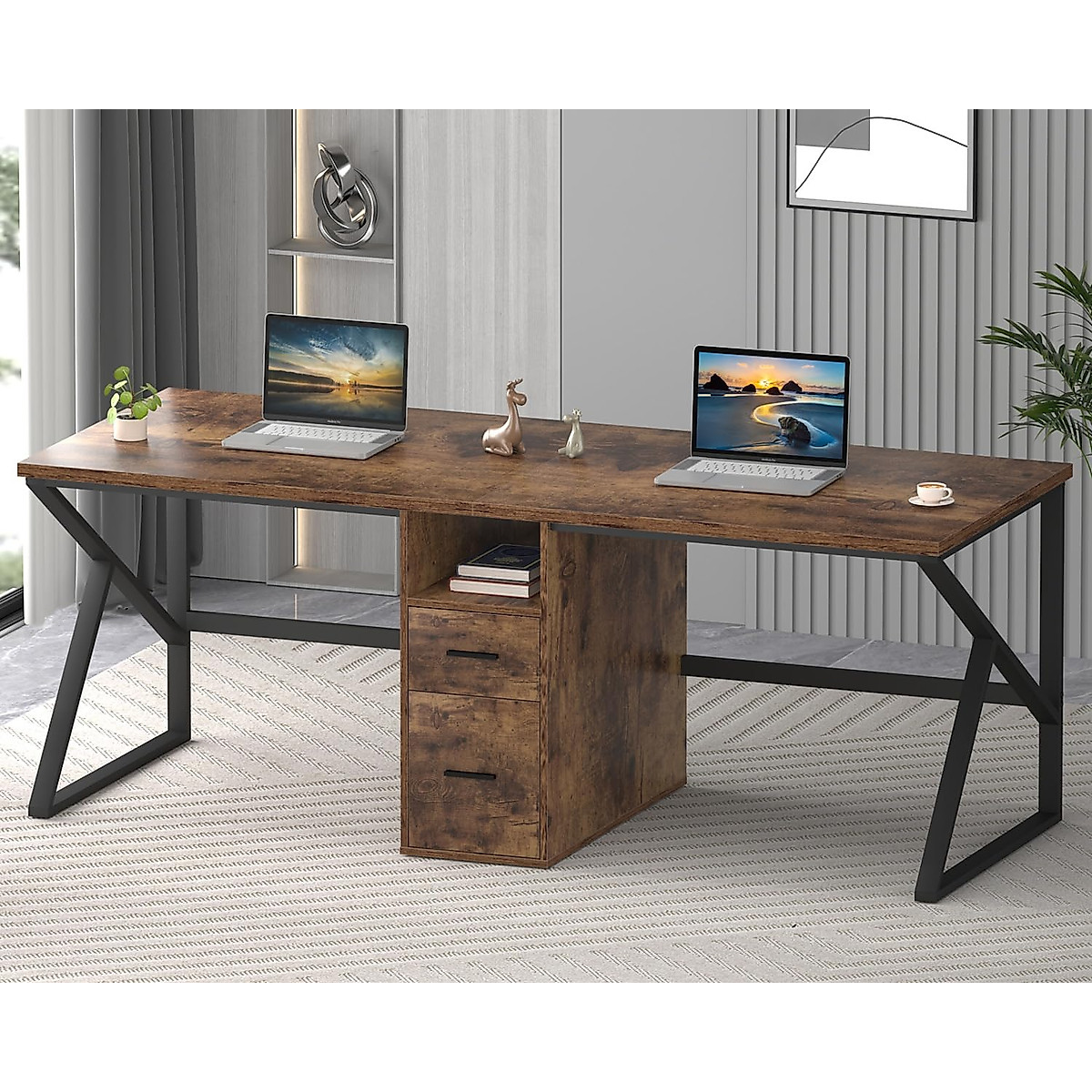 IBF 79" Two Person Office Desk,Large Double Long Pc Desk with File Drawer, 2 Person Computer Desk with Storage Cabinet Shelf, Industrial Wood Modern Work Dual Computer Table for Home, Rustic Brown