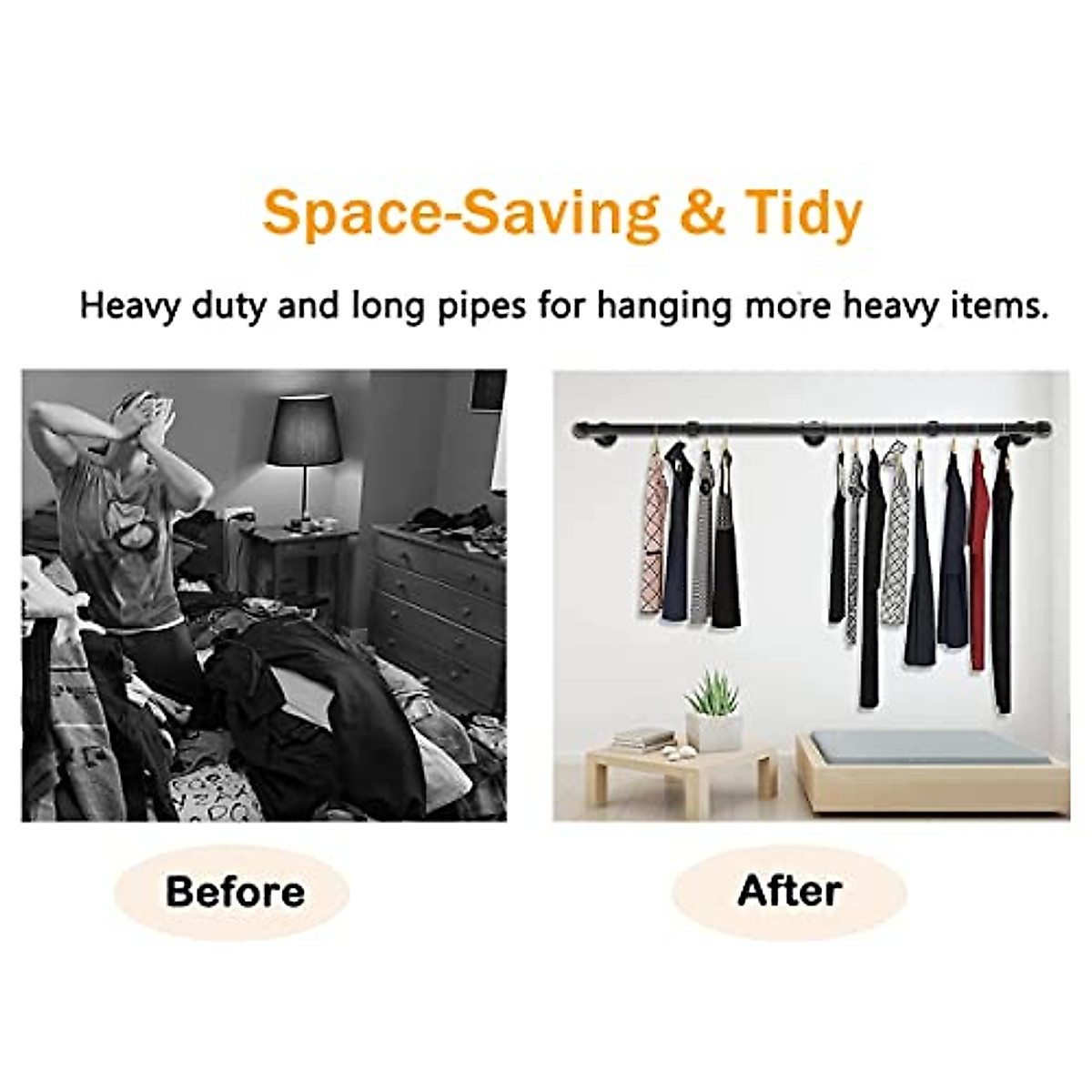 roundki Clothing Rack Wall Mounted, 70in Industrial Pipe Clothes Racks for Hanging Clothes, Heavy Duty Pipe Hanging Rod Garment Rack Bar for Closet Laundry, Max Load 145LbS Metal Black (2)