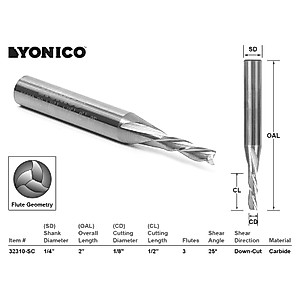 YONICO Downcut Router Bits Spiral 3 Flute Solid Carbide CNC End Mill 1/8-Inch Dia. 1/4-Inch Shank 32310-SC