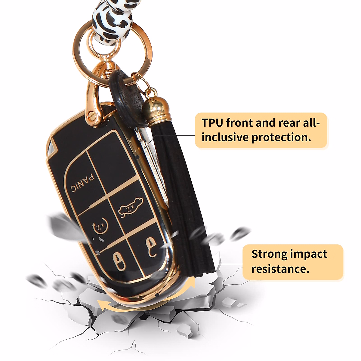 QfungYe For Jeep Accessories Wristlet Key Fob Cover, Anti-Fingerprint Special TPU Key Case，Compatible With Grand Cherokee Renegade Dodge RAM Durango Challenger Chrysler 200 300 Fiat Smart(Black)