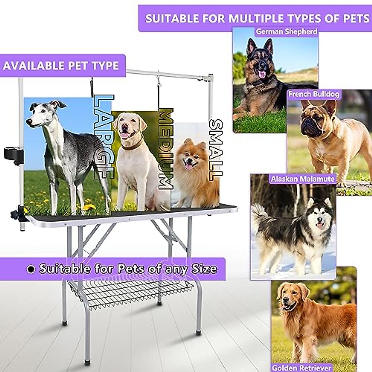 LEIBOU 45'' Professional Foldable Heavy Duty Dog Pet Grooming Table with Tool Holder H-Shape Arm & Noose & Mesh Tray, Maximum Capacity Up to 260lbs, Black