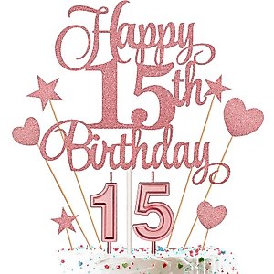 15th Birthday Cake Decorations Set Include 15th Birthday Candles Numeral 15 Cake Candles and Happy 15th Birthday Cake Toppers with Heart Star Cupcake Picks for Birthday Party (Rose Gold Series)