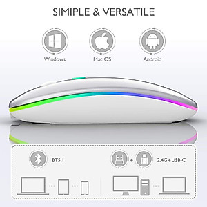 Atrasee Dual Mode LED Wireless Bluetooth Mouse for Laptop, Slim Rechargeable RGB Computer Mice (USB 2.4G + Bluetooth 5.1), Ergonomic PC Gaming Mouse w/ 3 Adjustable DPI, for Laptop MacBook Pro, White