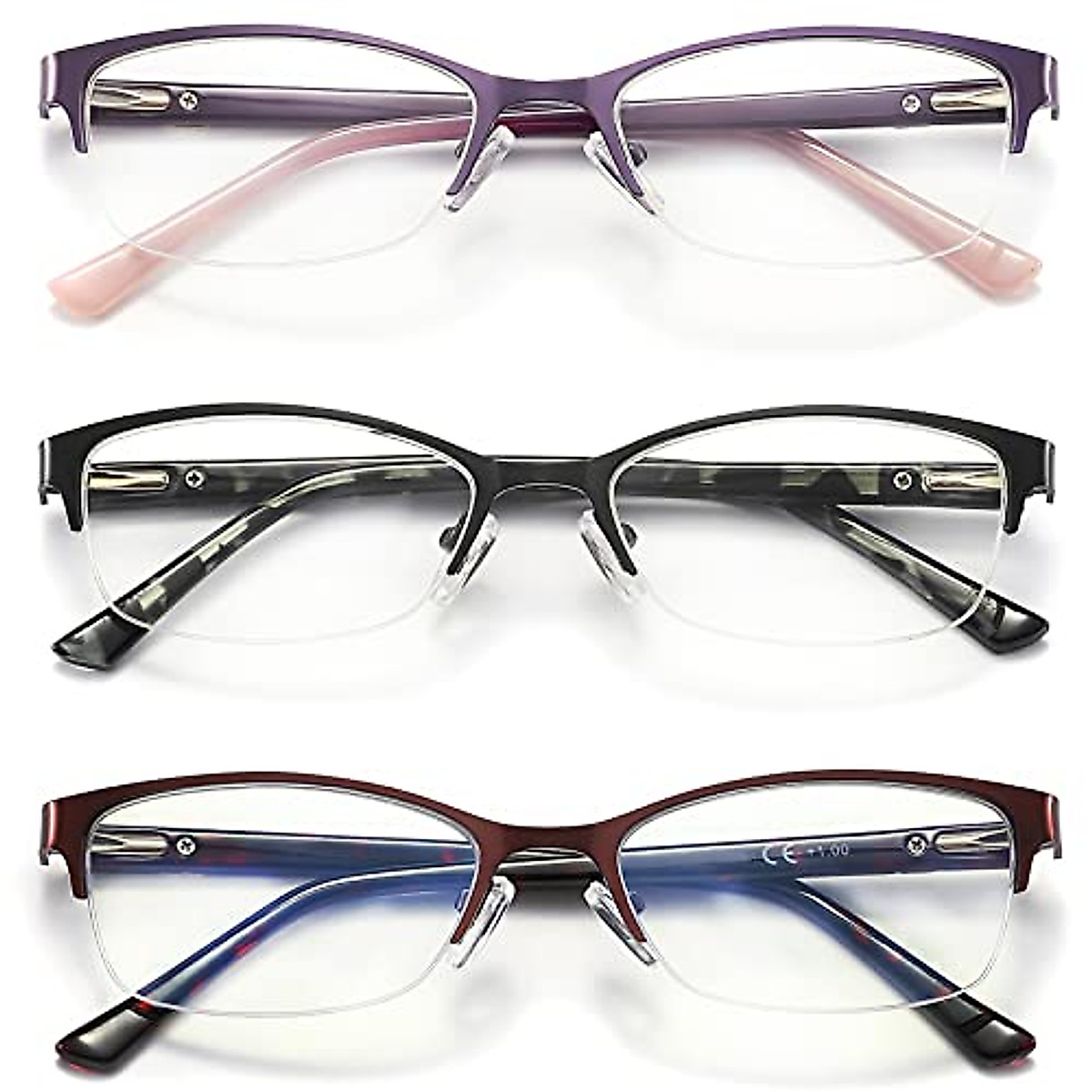 HOTJOJO Blue Light Blocking Reading Glasses for Women - 3 Pack with Metal Oval Frame, Spring Hinge, Anti Blue Ray - 225 Magnification Strength
