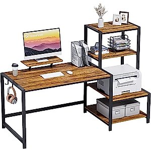 GreenForest Computer Desk 59 inch with Storage Printer Shelf Reversible Home Office Desk with Movable Monitor Stand and 2 Headphone Hooks for Study Writing PC Gaming Working, Walnut
