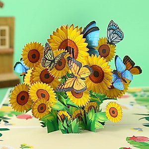 yaartz Butterfly and Sunflower Pop up Card for Wife Daughter Sister Mother Grandmother Granddaughter, Birthday Anniversary Thank You Get Well Thinking of You,Card with Envelope and Blank Note Tag
