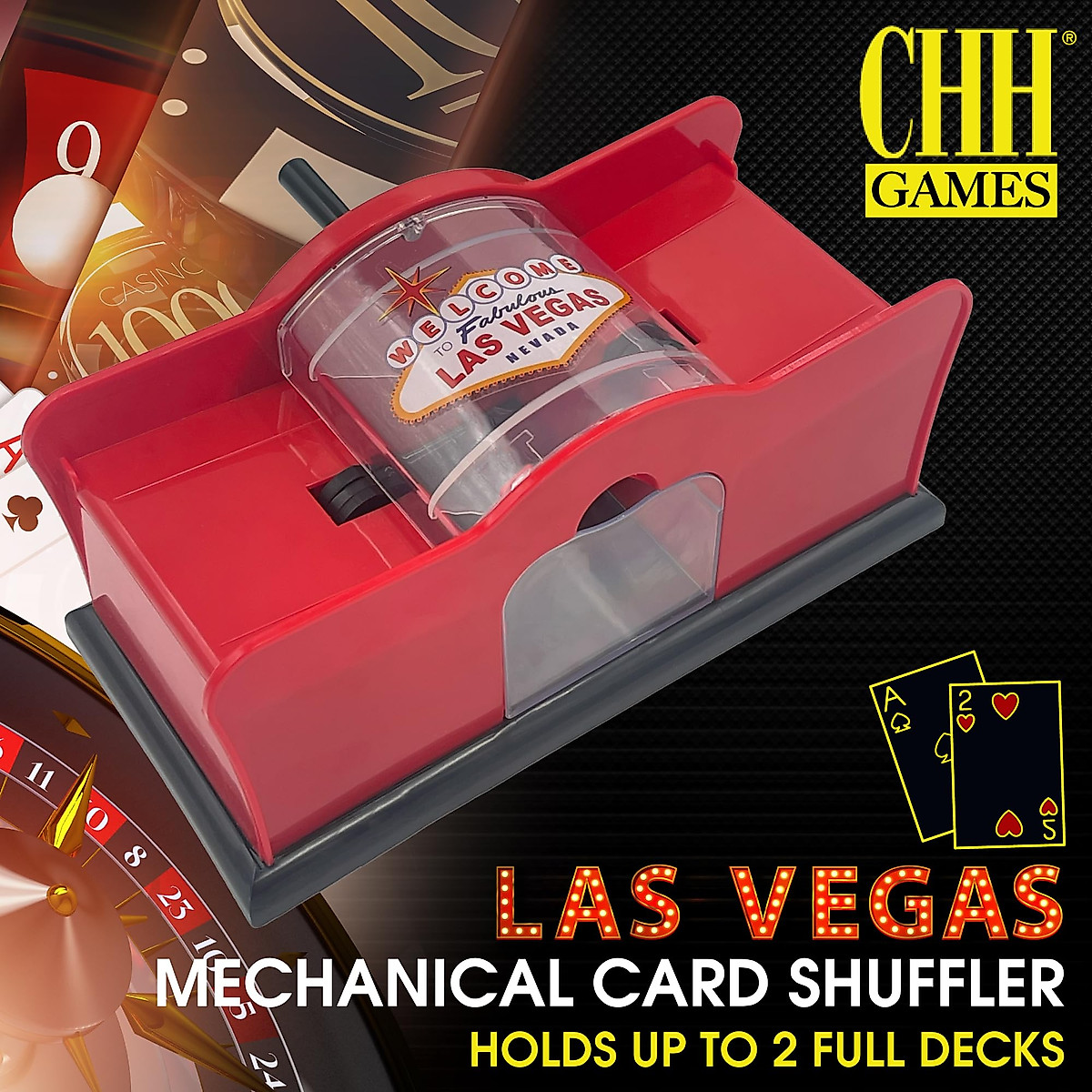 2 Deck Hand Crank "Welcome To Las Vegas" Card Shuffler, Red & Black