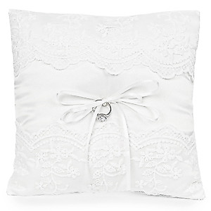 HONEYGIFTS Wedding Party Ring Pillow, 8x8in White Bearer Cushion Lace Pearl Wedding Ring Pillow with Embroider for Beach Wedding