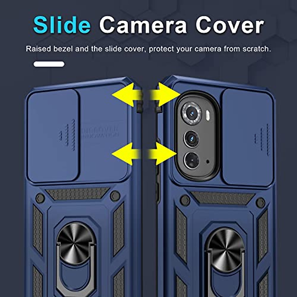 Motorola Moto Edge 2022 Case Built in Slide Camera Cover and Screen Protector [Not for Edge Plus],Heavy Duty Shockproof Full Body Phone Cover,Built in Finger Ring Stable Holder Kickstand,2022 Blue