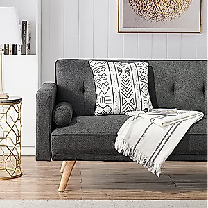ERYE Dark Gray 3-in-1 Upholstered Futon Loveseat Convertible Sleeper Bed,2-Seaters Sofa & Couch Soft Cushions Love Seat Daybed for Small Space Living Room Napping Linen w/2 Pillows, Twin