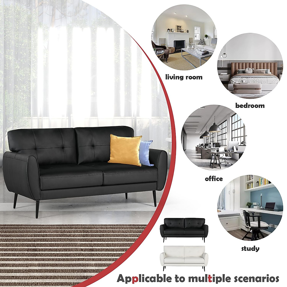 VAMEPOLE Sofa Couch, 61" Leather Loveseat Sofa for Living Room, Mid Century Mini Black Couch, Tufted Faux Leather Love Seat, Comfy Office Sofa 2 Seat, Small Couches for Small Spaces, Bedroom(Black)