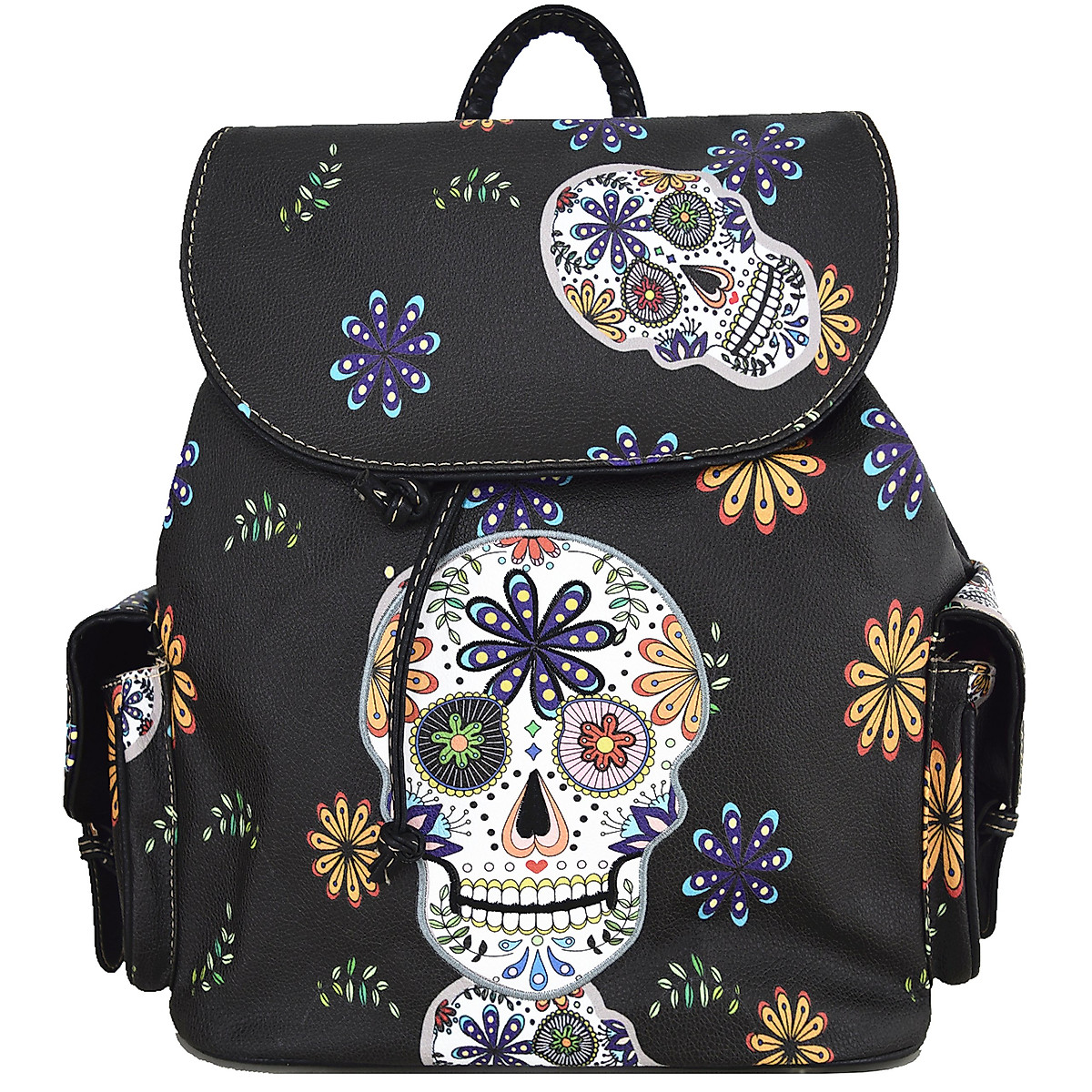 WESTERN ORIGIN Sugar Skull Day of the Dead Daypack Punk Gothic Backpack Rose Flower Fashion Women Travel Biker Purse Daypack Wallet Set (Black Set)