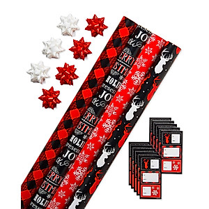 American Greetings Christmas Wrapping Paper Set with Cut Lines, Red, Black and White, Plaid, Reindeer and Snowflakes (4 Rolls, 7 Bows, 30 Gift Tags, 120 sq. ft.)