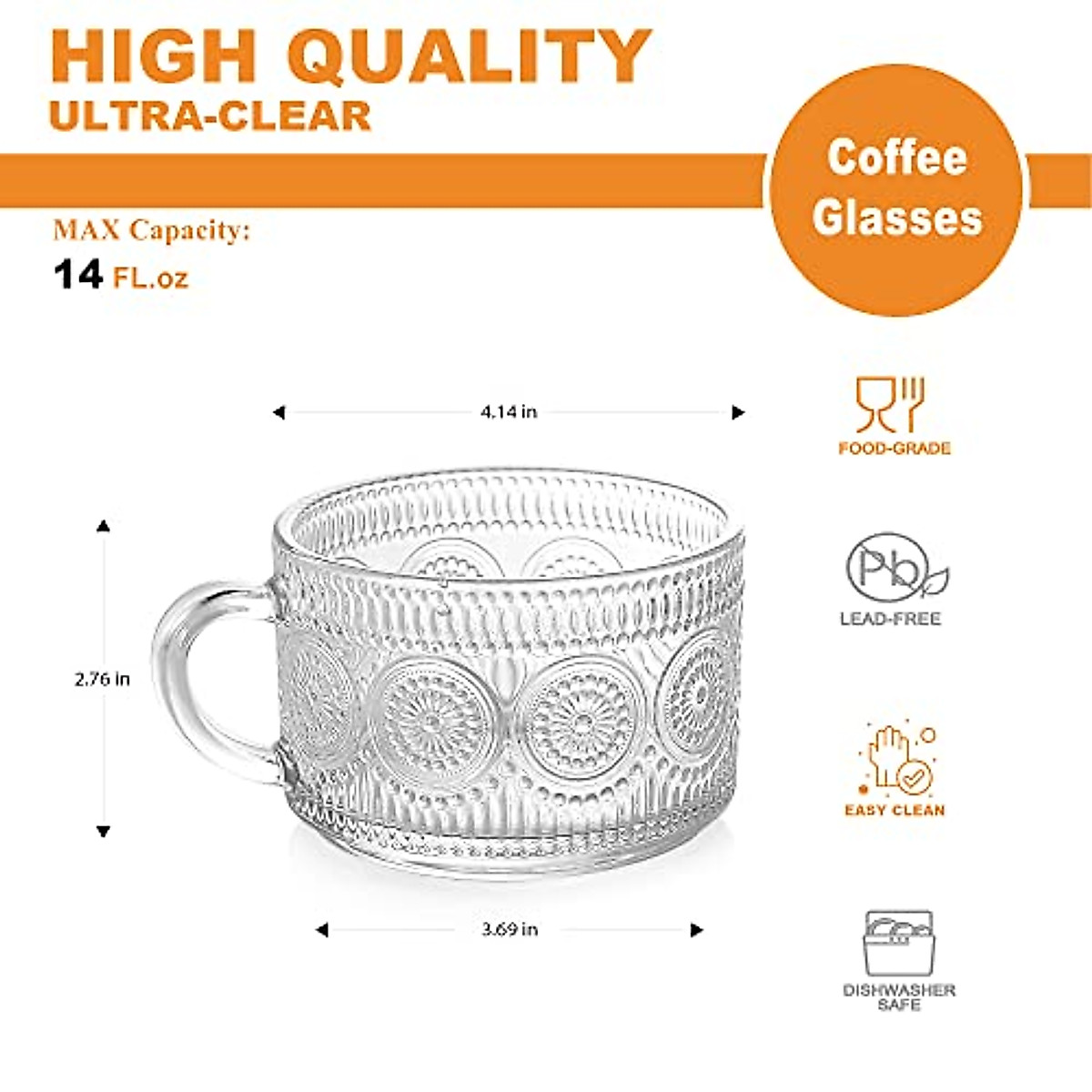 LUXU Vintage Glass Coffee Mugs 14oz Set of 4 Clear Glass Tea Cups,Stackable Glass Coffee Cups,Cute Coffee Bar Accessories,Iced Coffee Glasses,Clear Embossed Glass Cups for Cappuccino,Latte,Beverages