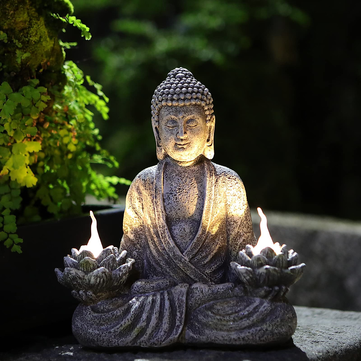 NC Buddha Statue Zen Sculpture, Yoga Garden Decor with LED Solar Flowers Lights, Sitting Meditating Buddha Serene Decorative Figurinefor Patio Yard Lawn Ornaments, Backyard,Inside or Outside
