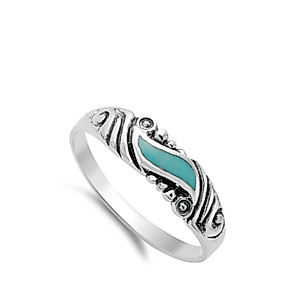Women's Wave Simulated Turquoise Cute Vintage Ring New 925 Sterling Silver Band Size 8