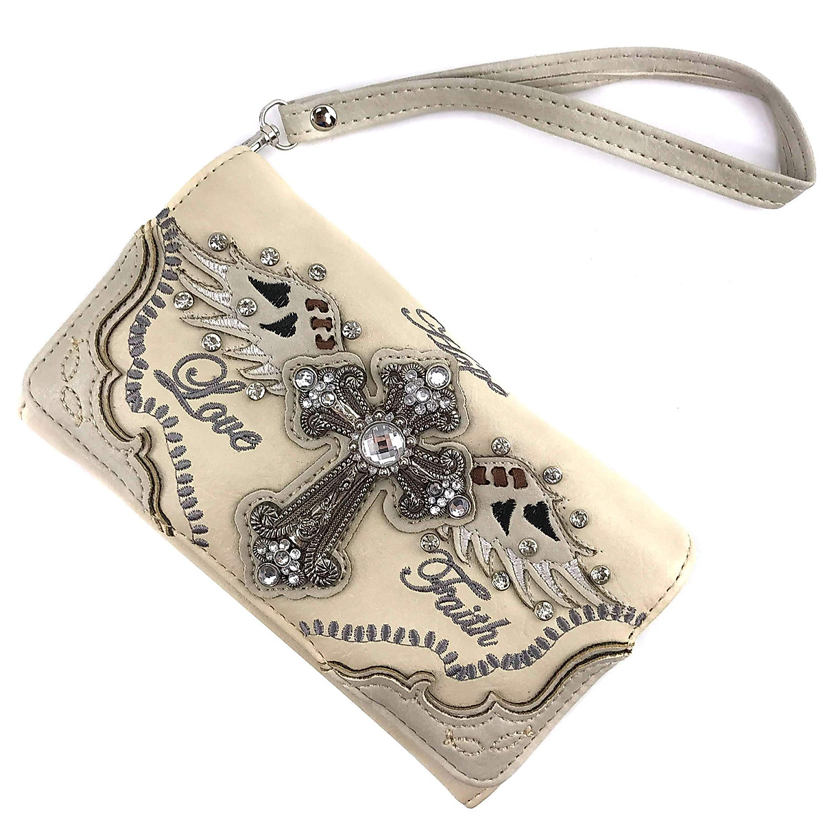 Zelris Faith Love Hope Cross Angel Wing Women Conceal Carry Handbag Wallet Set (Beige)