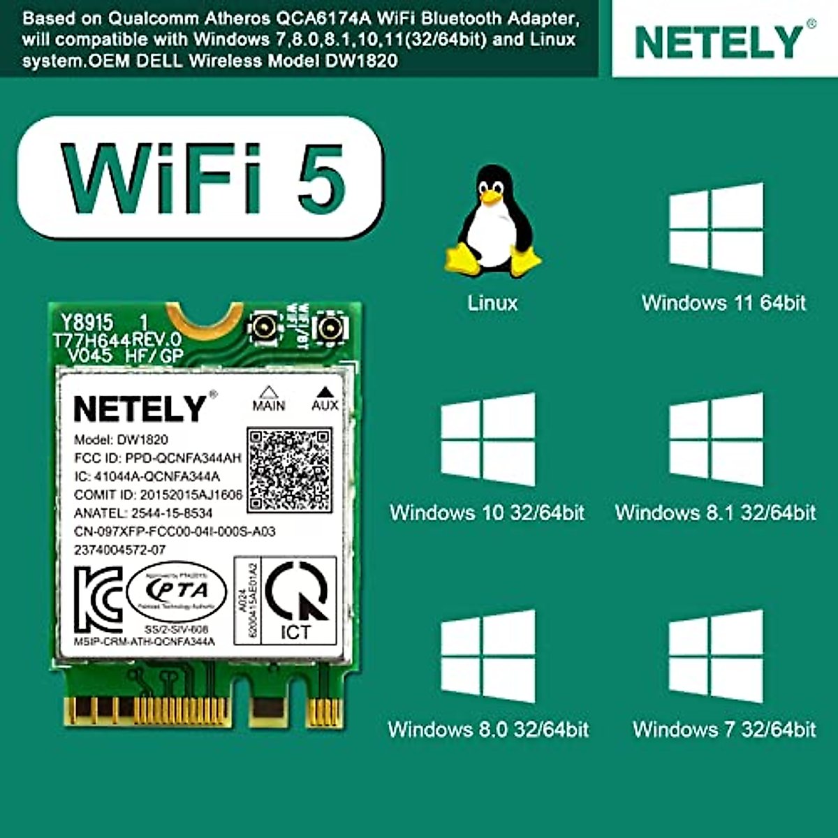 NETELY IEEE 802.11AC NGFF M2 Interface 1200Mbps Dual Band WiFi Adapter for Laptop PCs, NGFF M2 WiFi Card with Bluetooth 4.2, OEM DELL Wireless Network Adapter DW1820