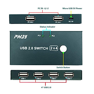 USB Switch for 2 Computers Sharing 4 USB 2.0 Port Devices, USB 2.0 Peripheral Switch Box Hub for One-Button Swapping, Compatible with Windows Mac Linux, Powered by USB, with 2 USB Cables