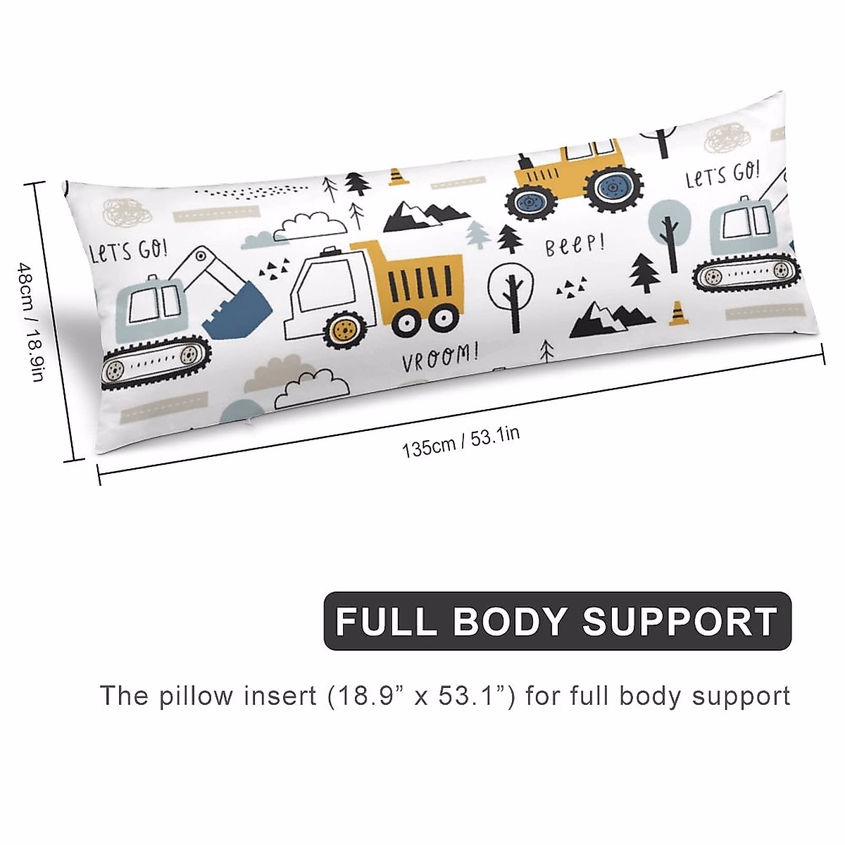 WINTYE Cute Cars Truck Tractor Body Pillow Cover 20×54in with Zipper Cartoon Crane Body Pillow Pillowcase Decorative Rectangular Pillow Case Long Bed Pillow Cover for Kids Adults Couch