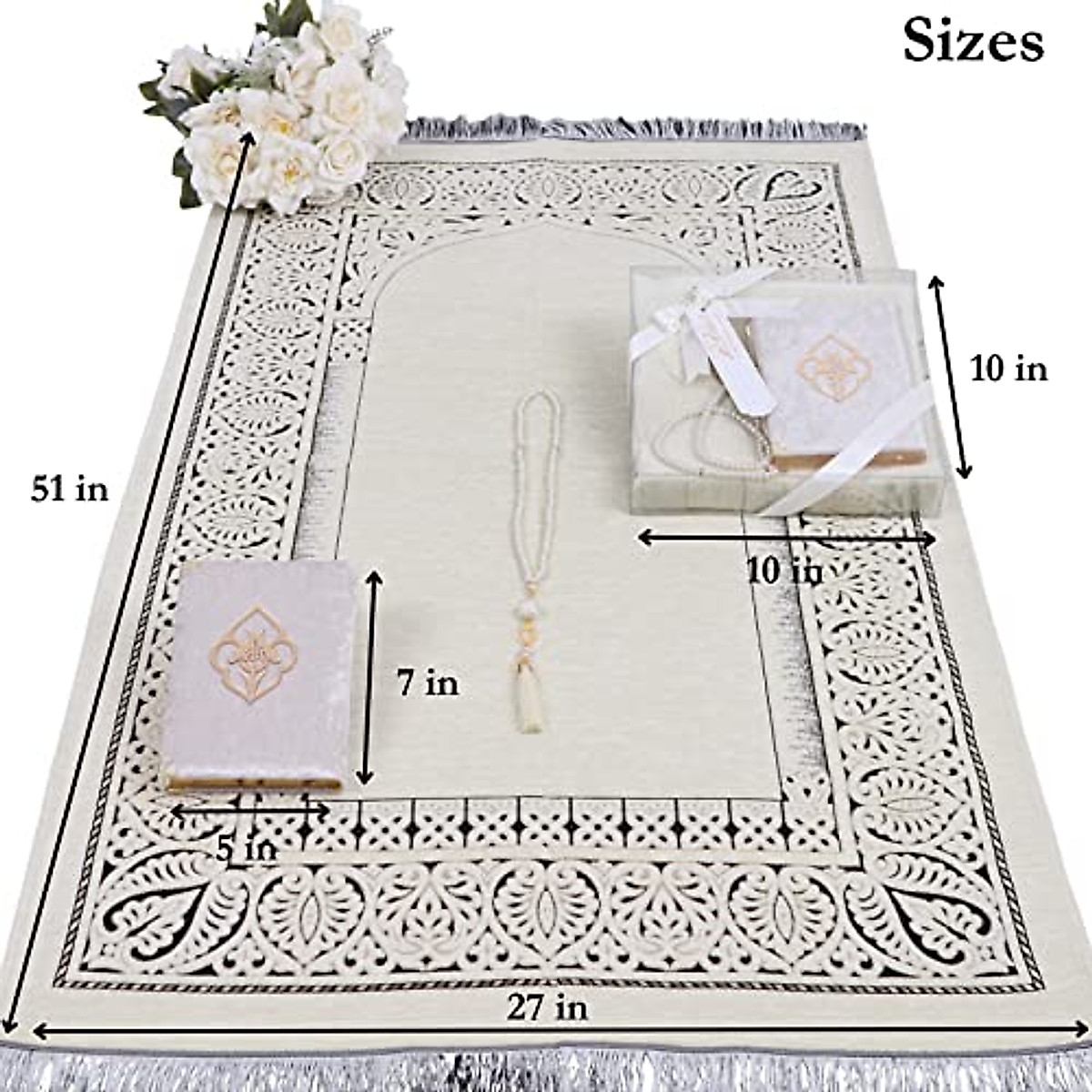 Personalized Prayer Rug Prayer Beads Quran Islamic Gift Set, Chenille Prayer Rug Pearl Prayer Beads Velvet Full Arabic Quran, Ramadan Eid Wedding Birthday Graduation Mother's Day Father's Day Gift