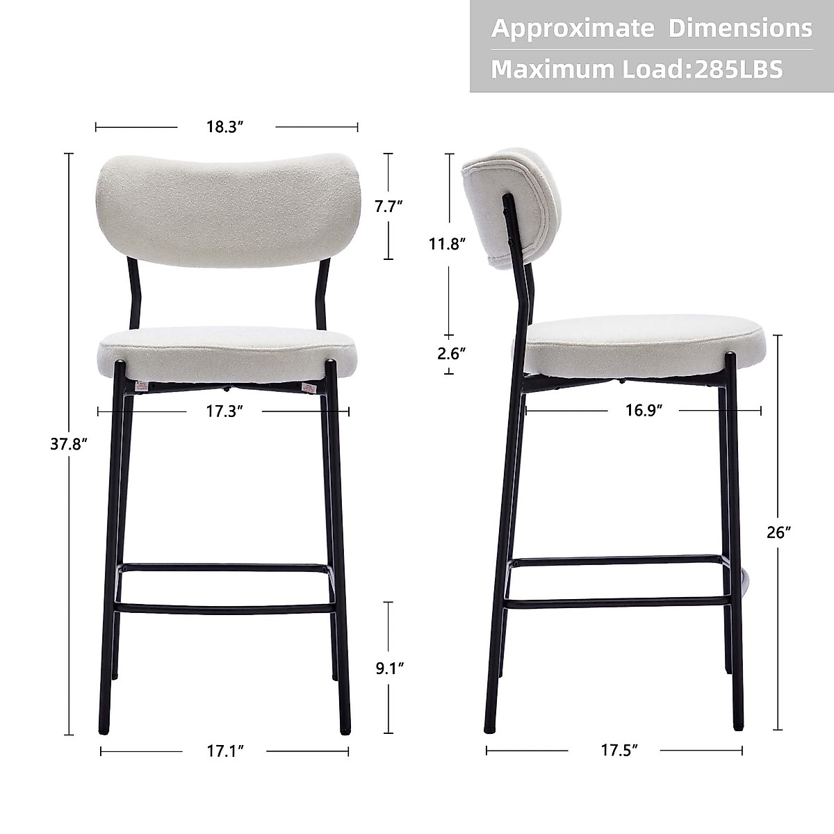 DUHOME 26'' Counter Height Bar Stools Set of 2,Upholstered Barstools with Back for Kitchen Island,Boucle Chair Bar Chairs for Dining Room Living Room,Bistro Pub,Bedroom,Cream