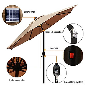 Blissun 9 ft Solar Umbrella, 32 LED Lighted Patio Umbrella, Table Market Umbrella, Outdoor Umbrella for Garden, Deck, Backyard, Pool and Beach (Tan)