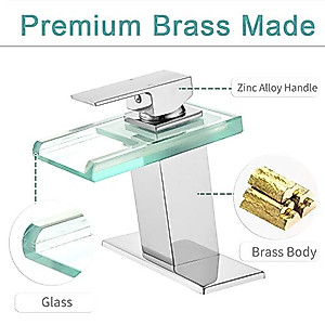 Qeemee LED Light Bathroom Sink Faucet, 3 Colors Changing Waterfall Glass Spout Faucet, Single Handle Single Hole Cold and Hot Water Mixer Vanity Sink Tap (Chrome)