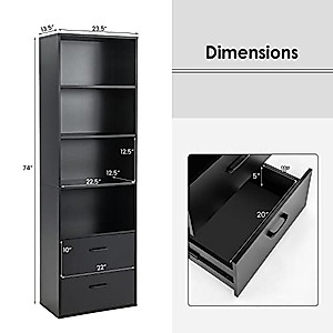 SILKYDRY 74” Tall Bookshelf with 2 Drawers, 4 Tiers Open Storage Shelves, Freestanding Bookcase with Anti-Tip Devices, Wooden Book Organizer Cabinet for Bedroom, Living Room, Home Office (Black)