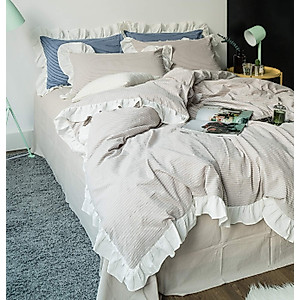 SUSYBAO Beige Ruffle Duvet Cover King 100% Washed Cotton Farmhouse Duvet Cover 3 Pieces Set 1 Striped Lace Duvet Cover with Zipper Ties 2 Pillow Shams Soft Vintage Romantic Ruffle Bedding Set