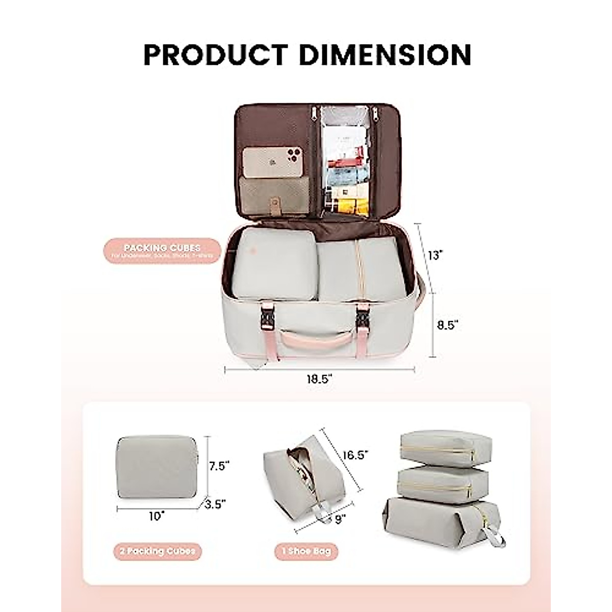 LOVEVOOK Carry On Backpack, 40L Travel Backpack Women with 3 Packing Cubes, TSA Airline Approved Suitcase Bag as Personal Item, Waterproof 17 inch Laptop Backpack for Weekender Overnight,Grey Pink