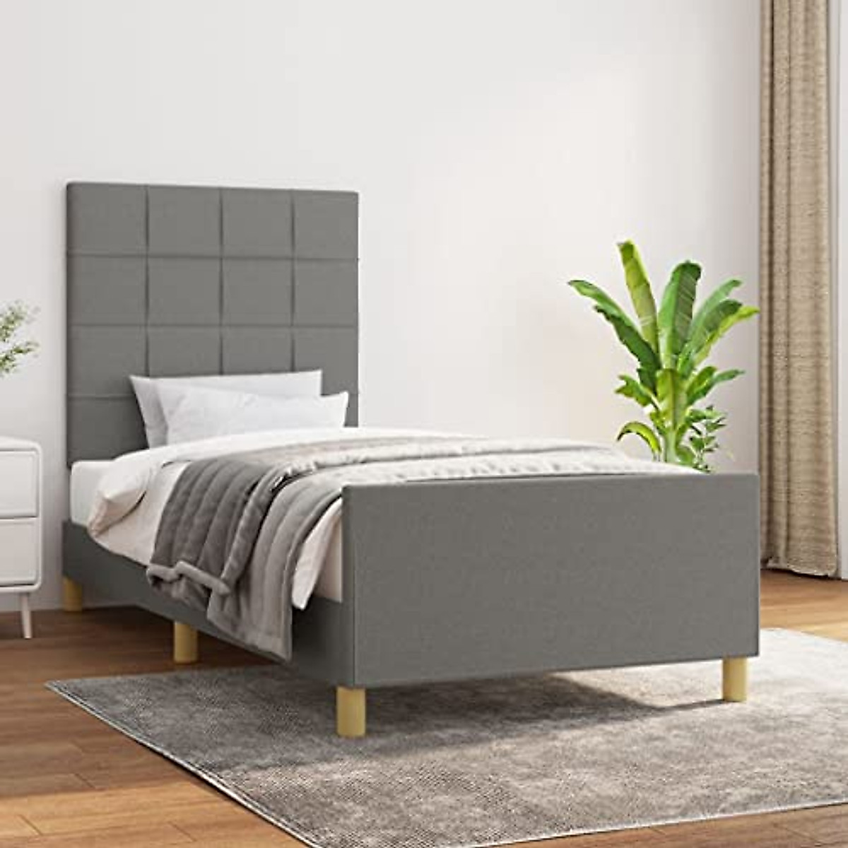 vidaXL Bed Frame, Upholstered Platform Bed with Headboard, Single Bed Base with Plywood Slats Support for Bedroom, Dark Gray 39.4"x74.8" Twin Fabric