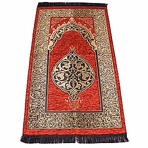 Muslim Prayer Rug with Prayer Beads | Janamaz | Sajadah | Soft Islamic Prayer Rug | Islamic Gifts | Prayer Carpet Mat, Chenille Fabric, Brick