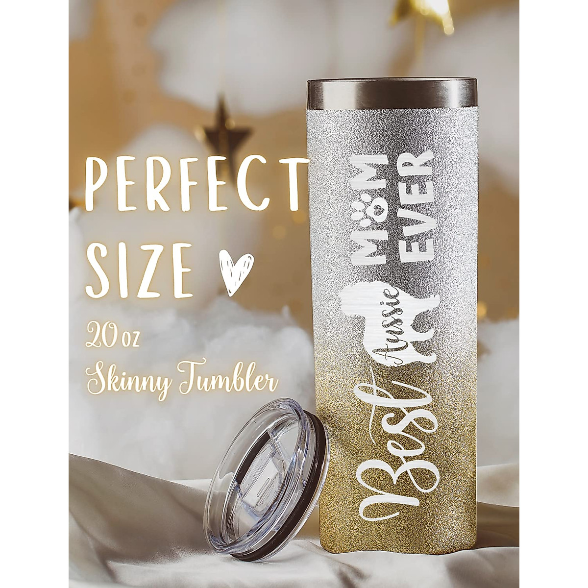 Onebttl Australian Shepherd Gifts for Women, Aussie Mom Gifts, 20 oz Glitter Silver-Gold Insulated Tumbler - Best Aussie Mom Ever