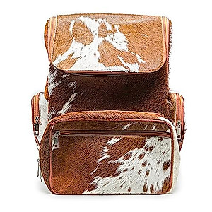 Cowhide Print Fur Leather Diaper Backpack Rucksack Casual Daypacks Brown & White