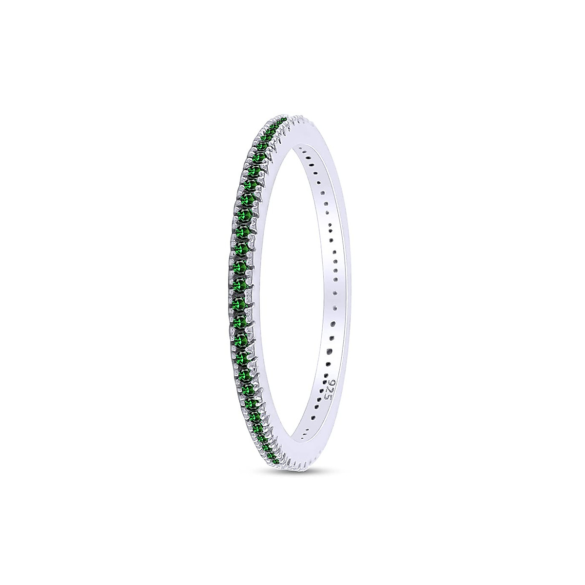 Jewel Zone US Simulated Green Emerald Eternity Stackable Wedding Ring in 14k White Gold Over Sterling Silver (1/5 Ct)
