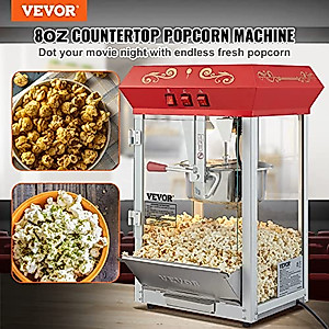 VEVOR Commercial Popcorn Machine, 8 Oz Kettle, 850 W Countertop Popcorn Maker for 48 Cups per Batch, Theater Style Popper with 3-Switch Control Steel Frame Tempered Glass Doors 2 Scoops 2 Spoons, Red