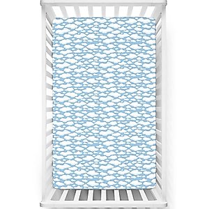 Clouds Themed Fitted Crib Sheet,Standard Crib Mattress Fitted Sheet Soft & Stretchy Fitted Crib Sheet-Baby Crib Sheets for Girl or Boy, 28“ x52“,Pale Sky Blue White